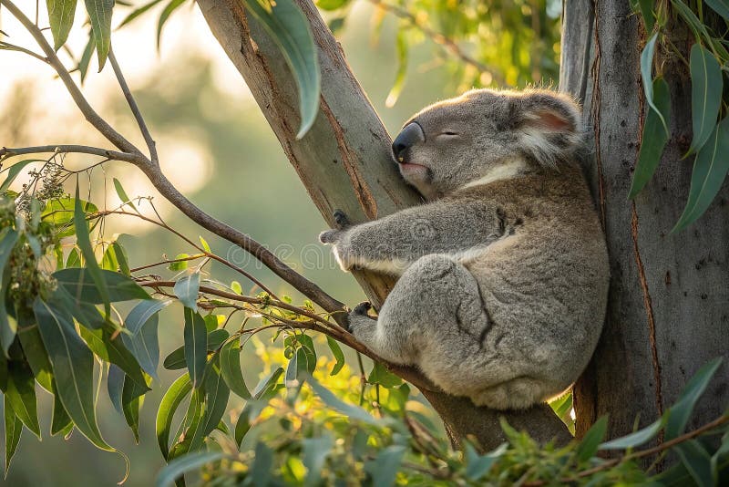 Sleepy Koala Napping in Australian Eucalyptus Tree at Sunrise Stock ...