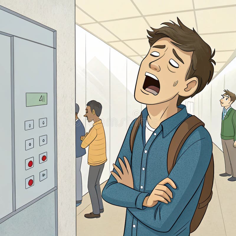 A Sleepy Man Pressing the Wrong Button in an Elevator Stock ...