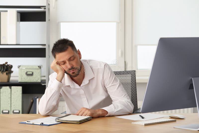 Sleepy Man Snoozing at Workplace in Office Stock Image - Image of ...