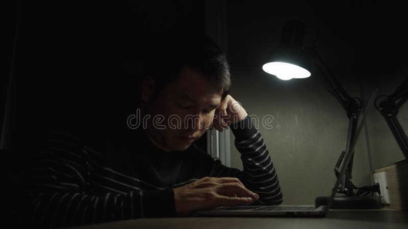 Sleepy Man Working with Laptop at Night Stock Video - Video of asian ...
