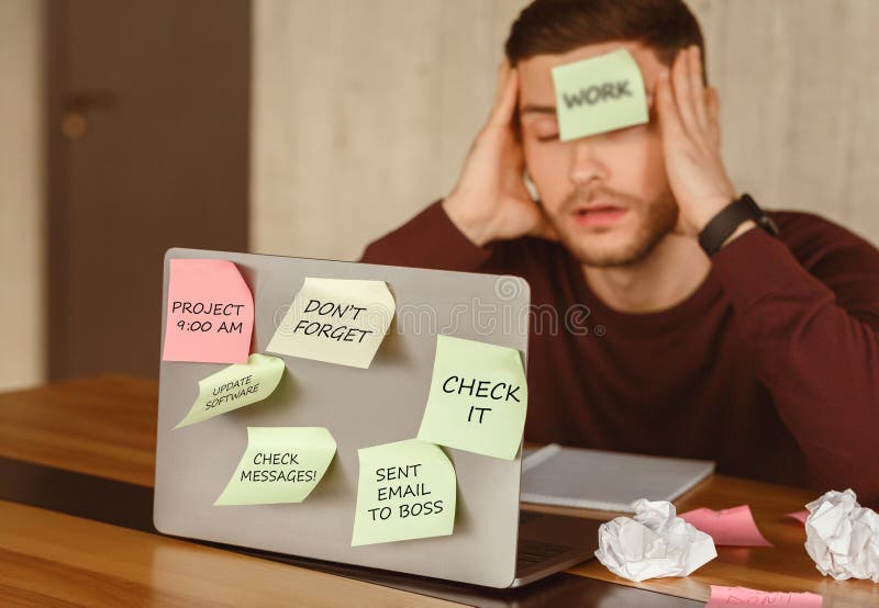 Sleepy Manager Guy Having Sticky Notes Everywhere at Workplace Indoor ...