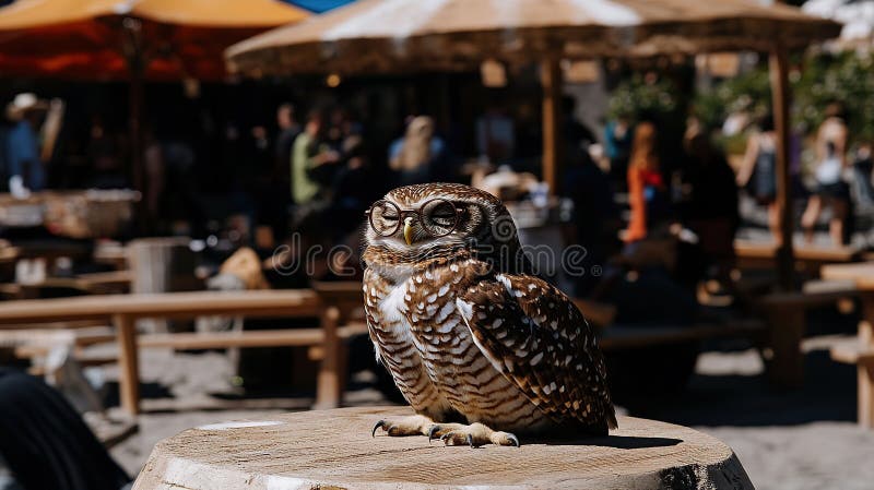 Sleepy Owl Perched, Outdoor Cafe, Sunny Day, Crowd Stock Photo - Image ...