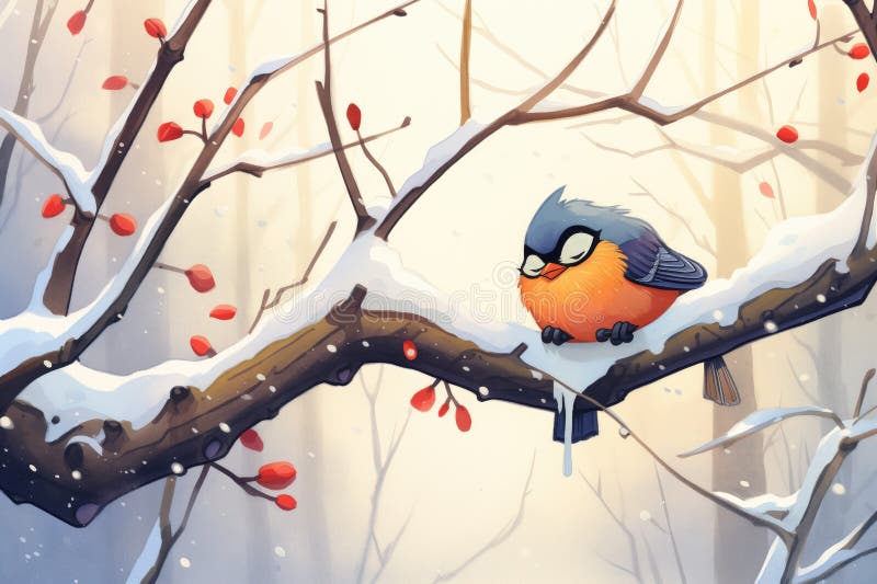Sleepy Robin Nestled in Snow on a Magnolia Bough Stock Illustration ...