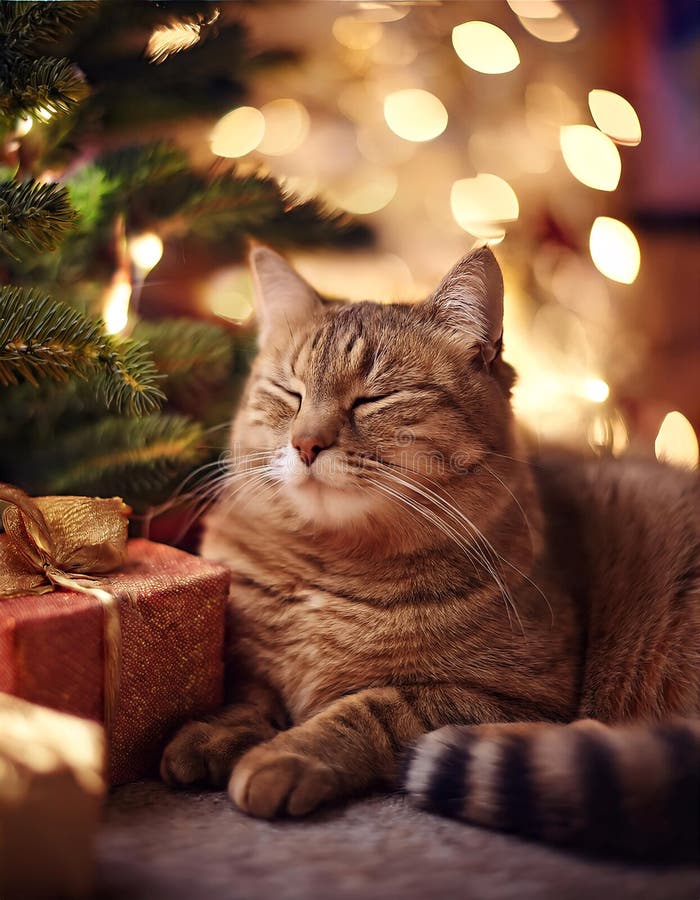 A Sleepy Tabby Cat Rests Peacefully Under a Lit Christmas Tree ...