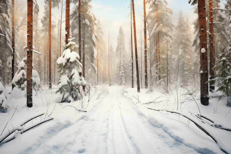 Sleigh Tracks on a Snowy Forest Path Stock Image - Image of generated ...