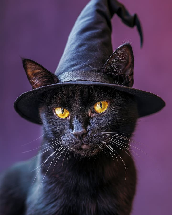 A Slender Black Cat with Sharp Yellow Eyes, Wearing a Tall Pointed ...