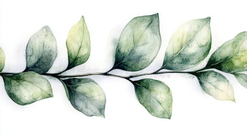 A Slender Branch Adorned with Green Foliage Set Against a White ...