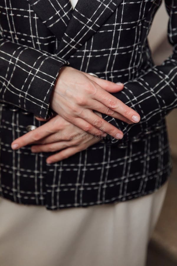 Slender Female Hands on Gray Business Jacket Stock Image - Image of ...