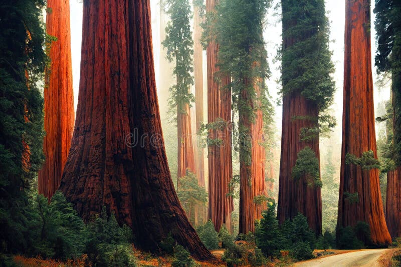 Slender Thick Tree Trunks in Sequoia Forest Along Path Stock ...