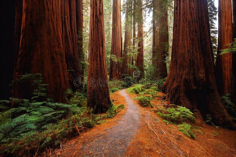 Slender Thick Tree Trunks in Sequoia Forest Along Path Stock ...