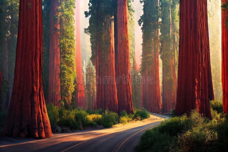 Slender Thick Tree Trunks in Sequoia Forest Along Path Stock ...