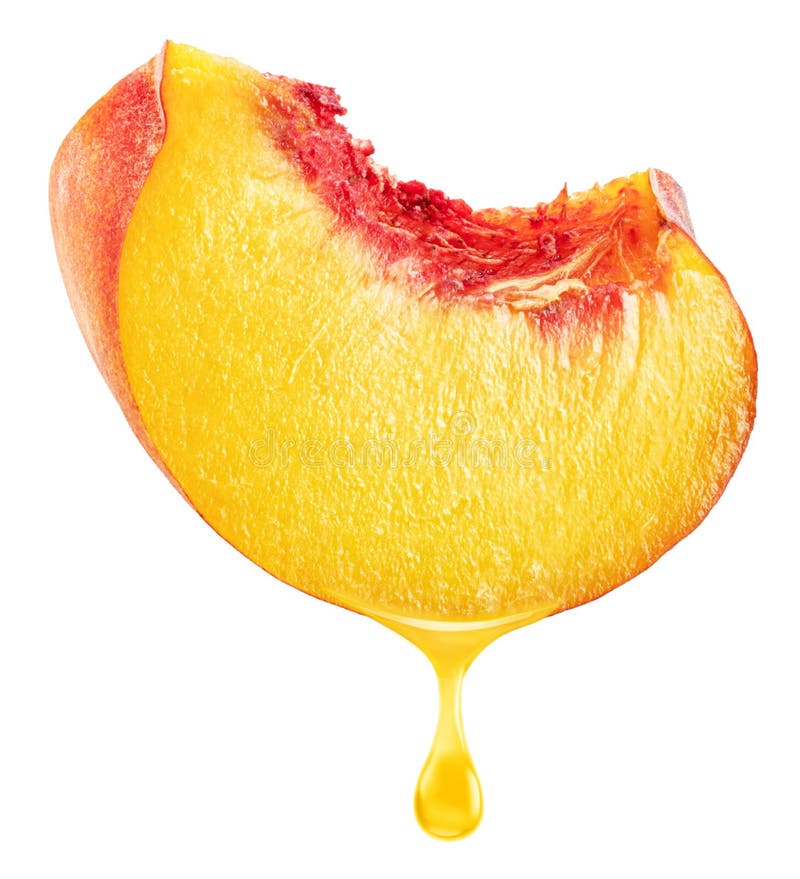 Slice of â€‹â€‹peach Fruit and Peach Juice Dripping from it on a White ...