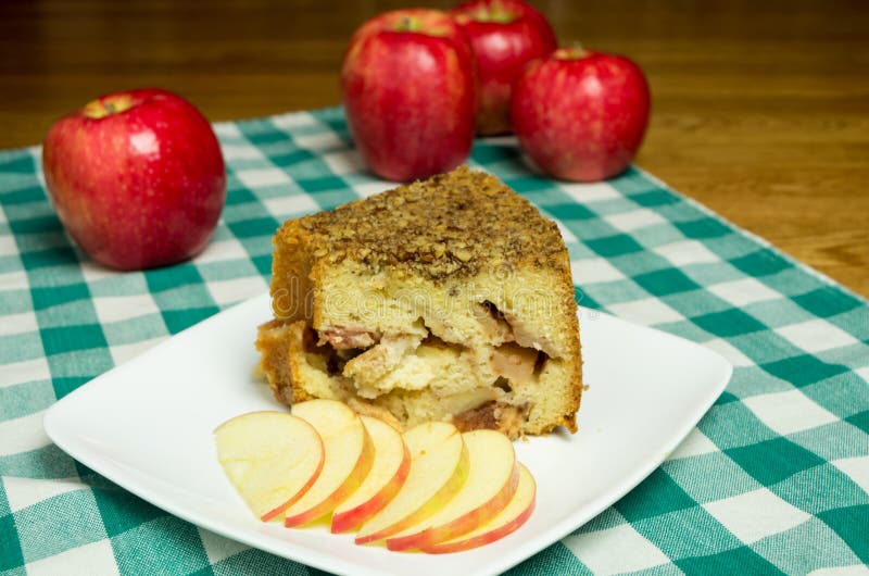 Slice of Apple Cake on White Plate Stock Image - Image of baking ...