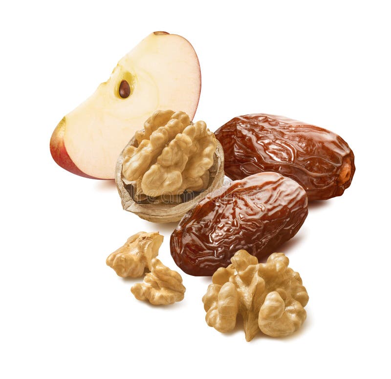 Slice of Apple, Walnuts and Dates Isolated on White Background Stock ...