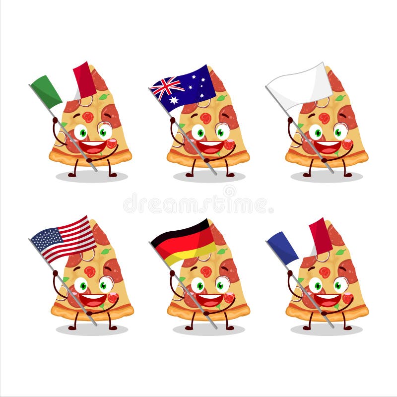 Slice of Beef Pizza Cartoon Character Bring the Flags of Various ...