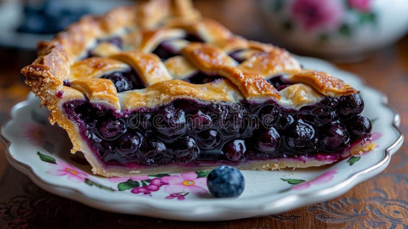 A Slice of Blueberry Pie on a Decorative Plate with a Floral Design ...