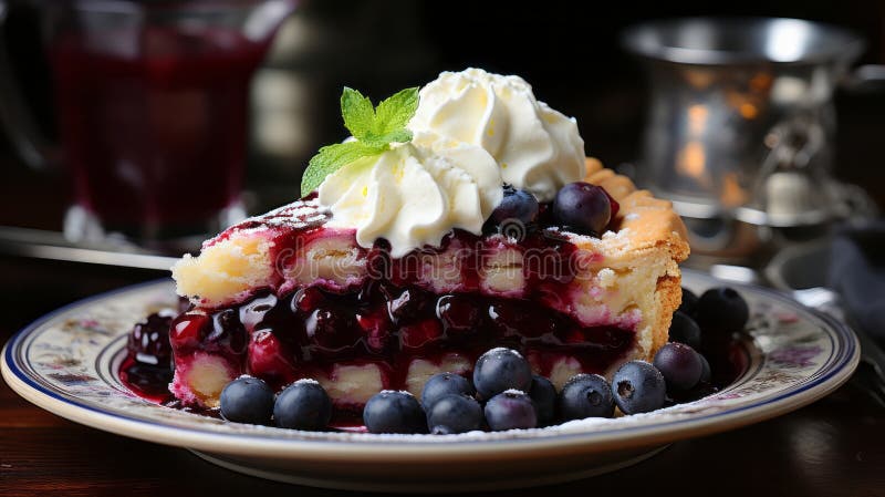 A Slice of Blueberry Pie on a Plate. Generative AI. Stock Illustration ...