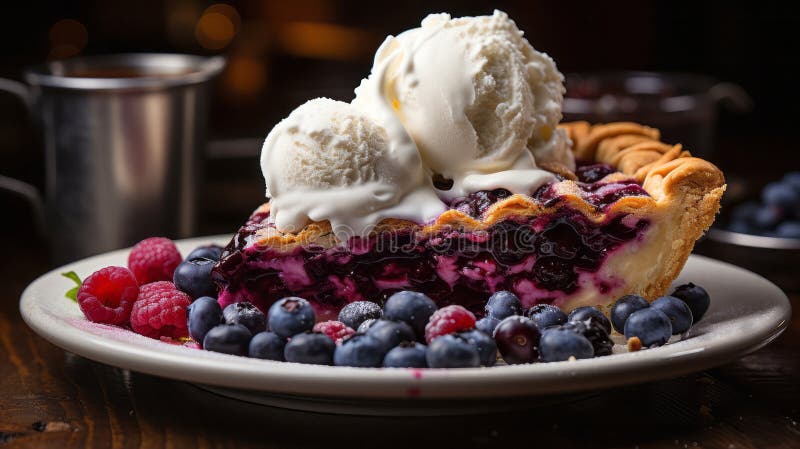 A Slice of Blueberry Pie on a Plate. Generative AI. Stock Illustration ...