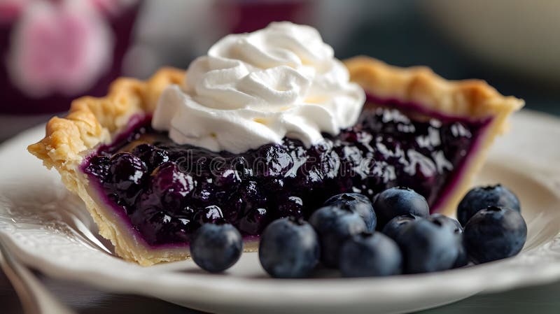 Slice of Blueberry Pie with Whipped Cream on White Plate Dark Blue ...