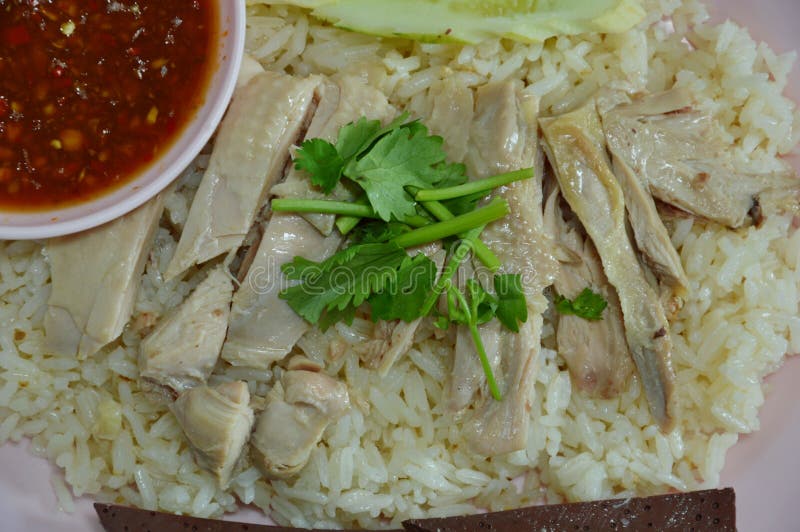 Slice Boiled Chicken Topping on Rice Steamed with Chicken Soup Stock ...