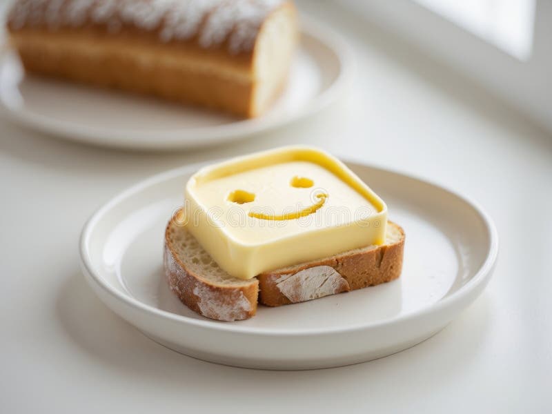 Slice of Bread with Cute Butter Pat Shaped Like Smiling Face on Plate ...