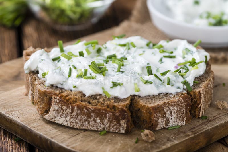 Slice of Bread with Herb Curd Stock Photo - Image of cream, cheese ...