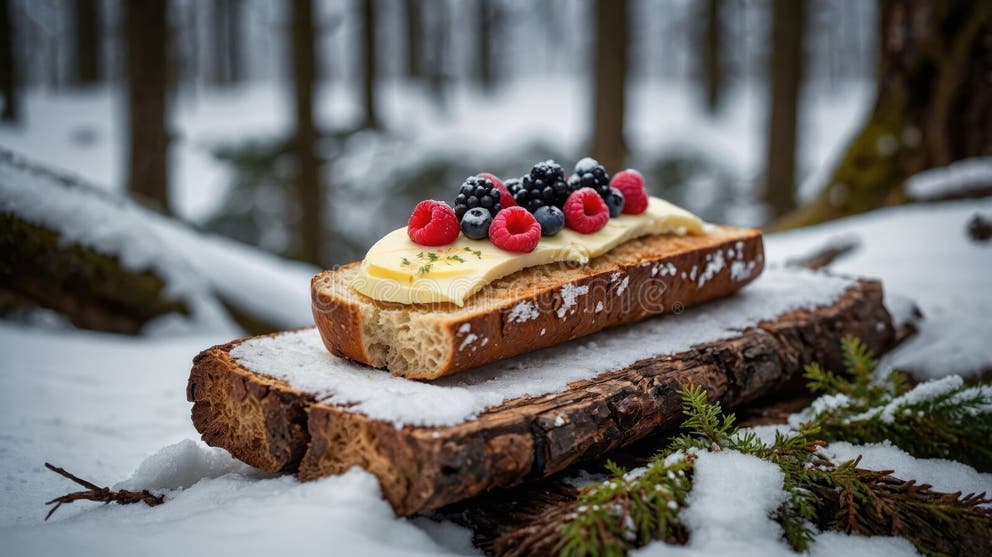 Delicious Toast with Berries and Cheese in Snowy Forest Stock ...