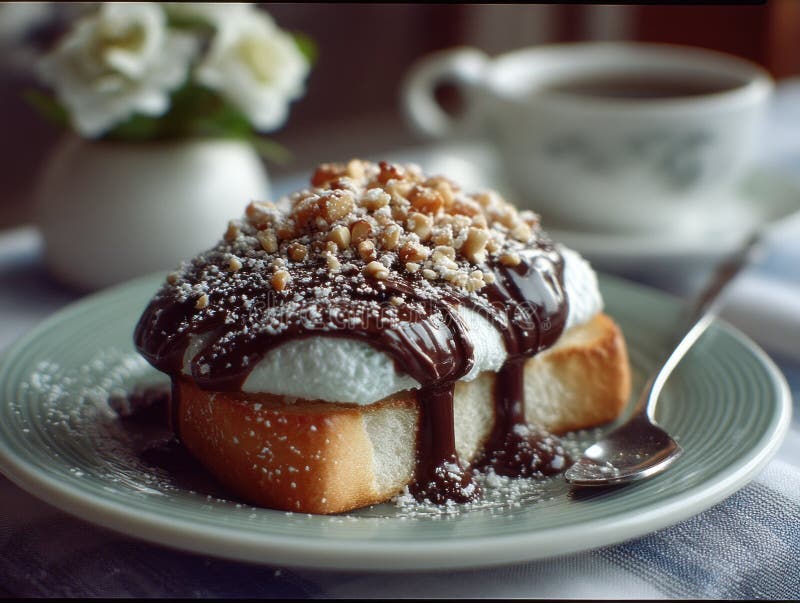 A Slice of Bread Topped with Melted Chocolate and Nuts Stock Image ...