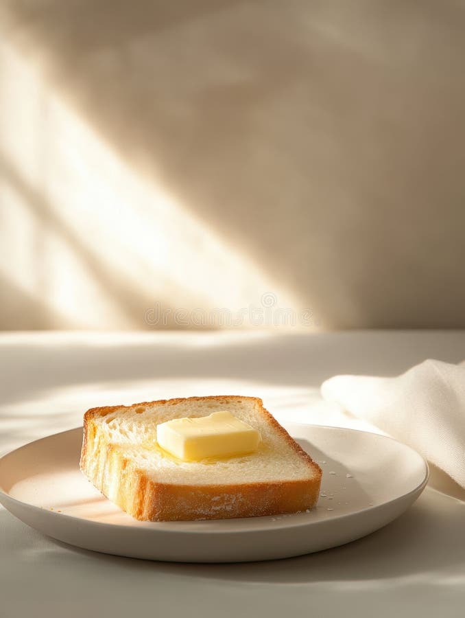 A Slice of Buttered Bread on a Plate, Illuminated by Soft Natural Light ...