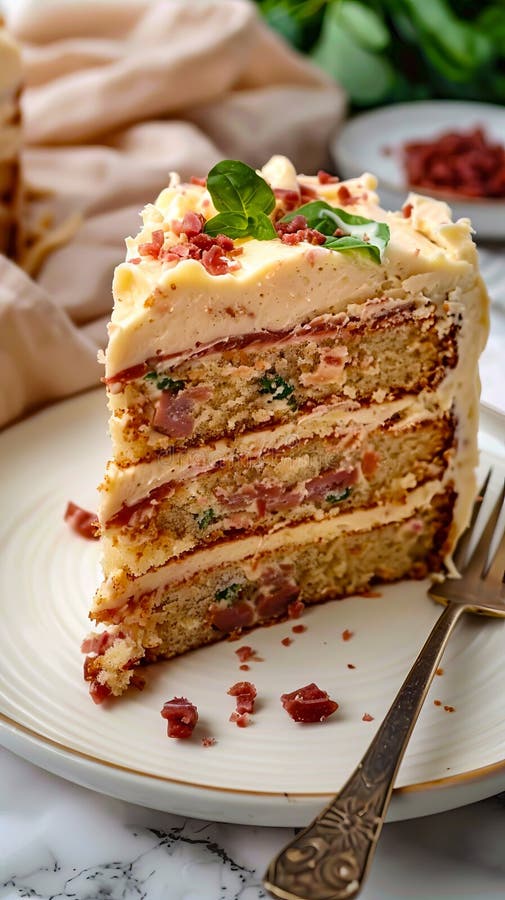 A Slice of Cake with Bacon and Basil on a Plate Stock Image - Image of ...