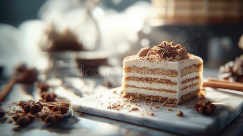 Slice of Cake on Marble Stand with Cinnamon and Star Anise on Blurred ...