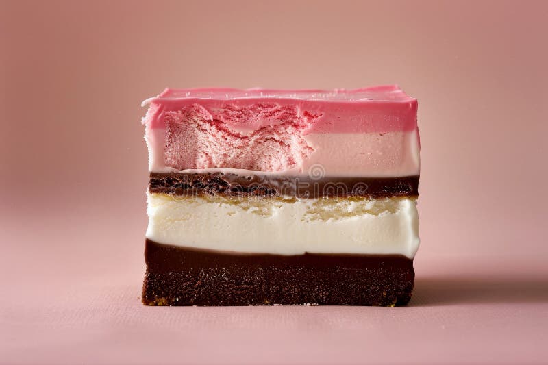 A Slice of Cake with Pink Frosting and Chocolate Layers Stock Photo ...