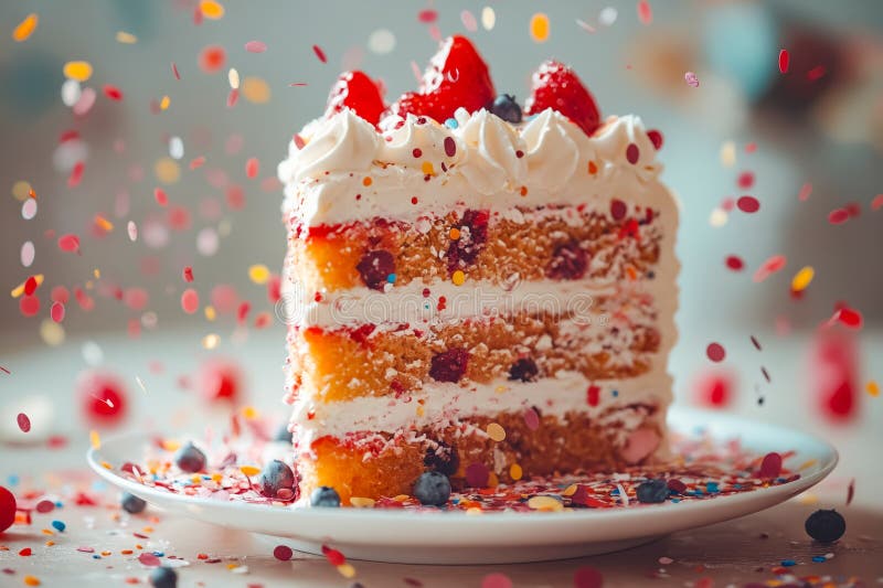 A Slice of Cake on a Plate with Confetti Falling Around it Stock Photo ...