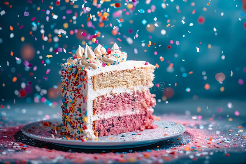 A Slice of Cake on a Plate with Confetti Falling from it. Generative AI ...