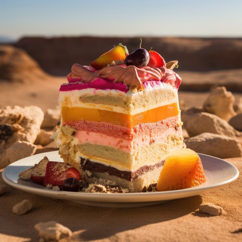 A Slice of Cake on a Plate in the Desert Stock Illustration ...