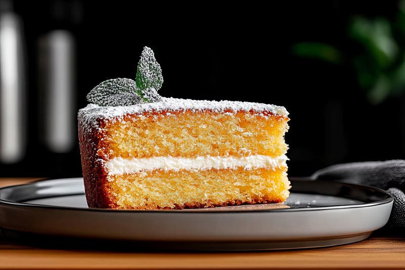 A Slice of Cake on a Plate with Powdered Sugar on Top Stock Image ...