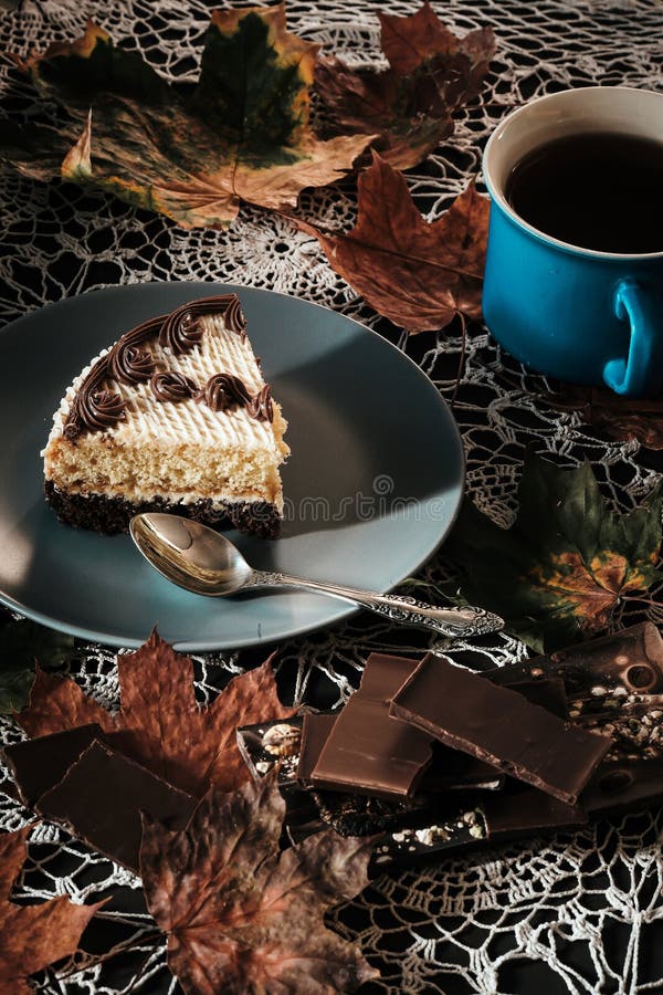 Slice of cake with tea stock photo. Image of homemade - 125849860