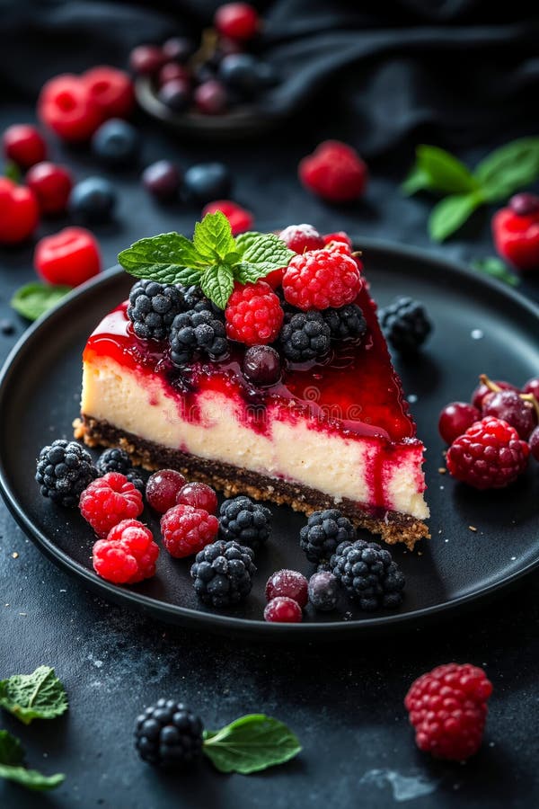 A Slice of Cheesecake with Berries on a Black Plate Stock Photo - Image ...