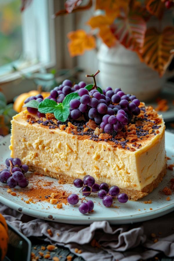 Slice of Cheesecake with a Bunch of Grapes on Top Stock Image - Image ...
