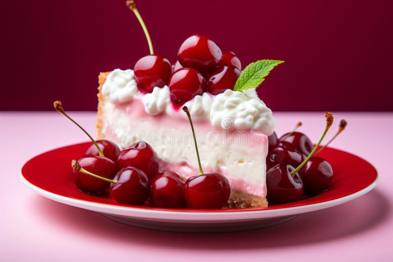 A Slice Of Cheesecake With Cherries On A Red Plate Stock Illustration Illustration Of Plate
