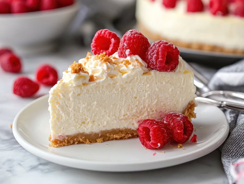 Slice of Cheesecake with Raspberry Garnish on White Plate Stock ...