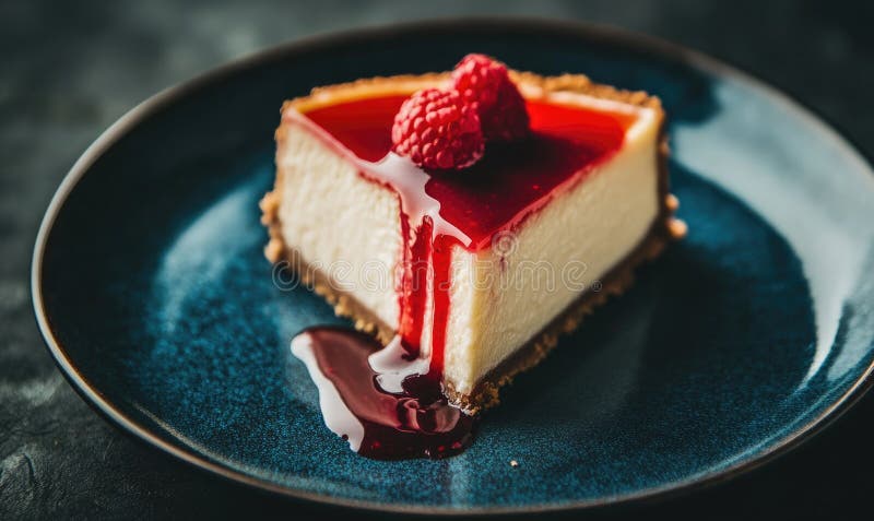 A Slice of Cheesecake with Raspberry Sauce Drizzled on Top Stock Photo ...