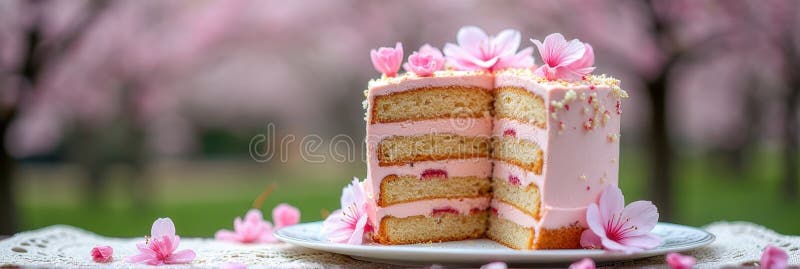 Slice Cherry Blossom Cake Pink Frosting Flowers Spring Setting Stock ...