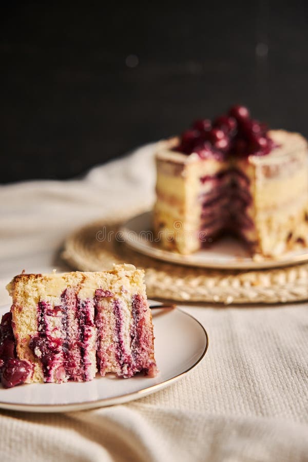 Slice of a Cherry Cake on a White Plate Stock Photo - Image of cream ...