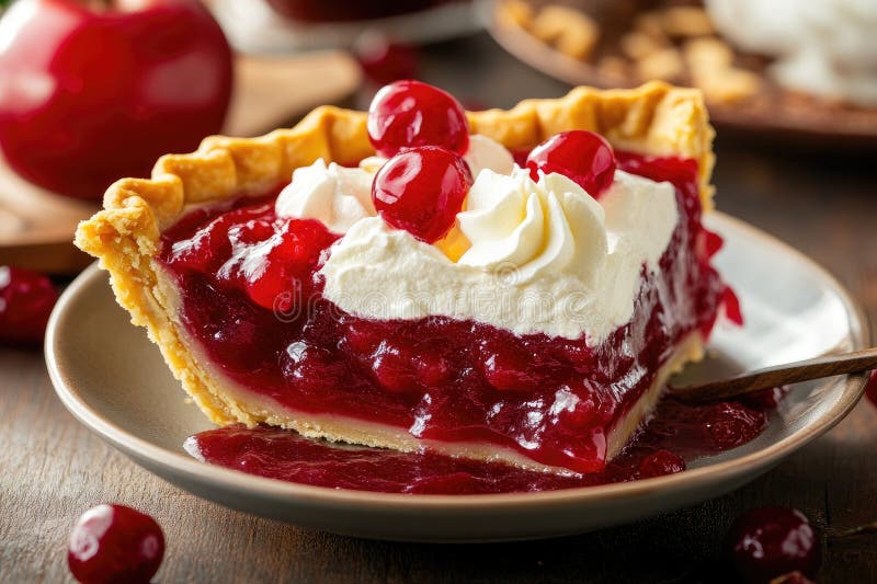 A Slice of Cherry Pie Topped with Whipped Cream and Cherries Stock ...