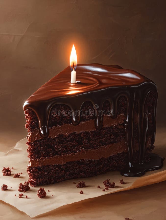 Slice of Chocolate Cake with Candle on Rustic Paper. Stock Photo ...