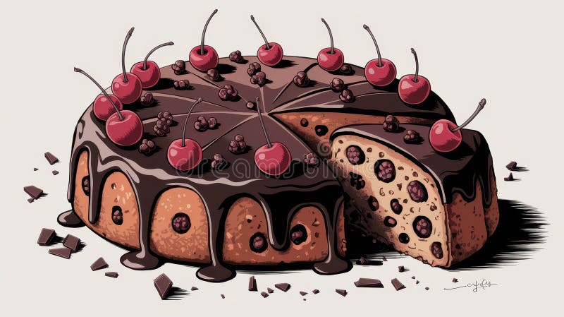 Slice of Chocolate Cake with Cherries on Top Stock Illustration ...