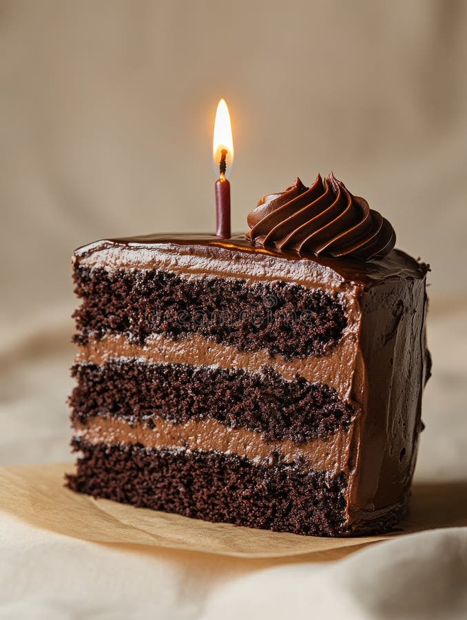 Slice of Chocolate Cake with a Lit Birthday Candle. Stock Image - Image ...