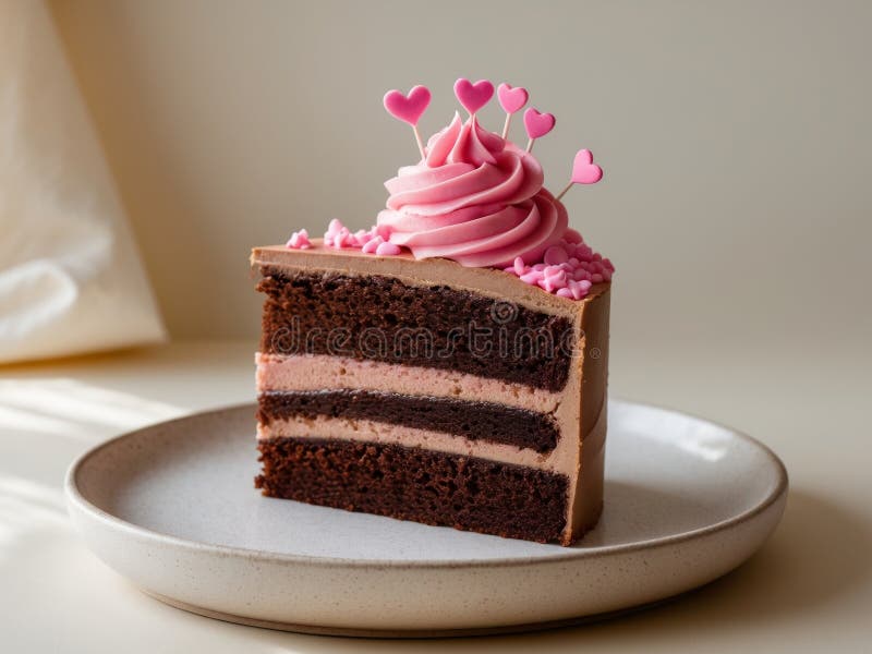 A Slice of Chocolate Cake with Pink Frosting and Pink Hearts on Top ...