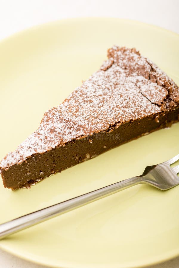 Slice of Chocolate Cake with Powdered Sugar and Metal Fork on the Green ...